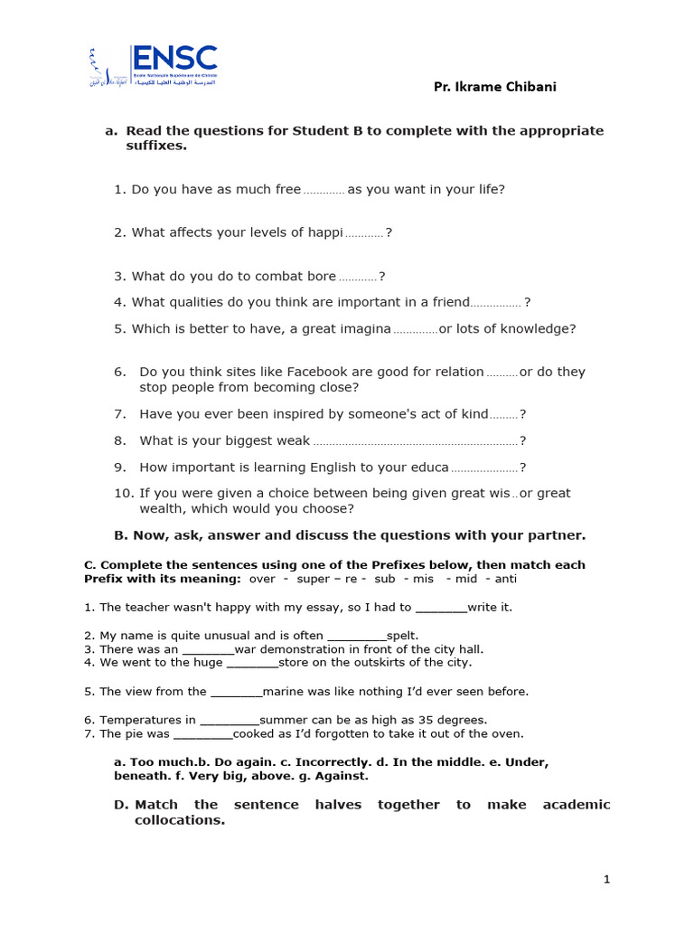 A. Read The Questions For Student B To Complete With The Appropriate ...