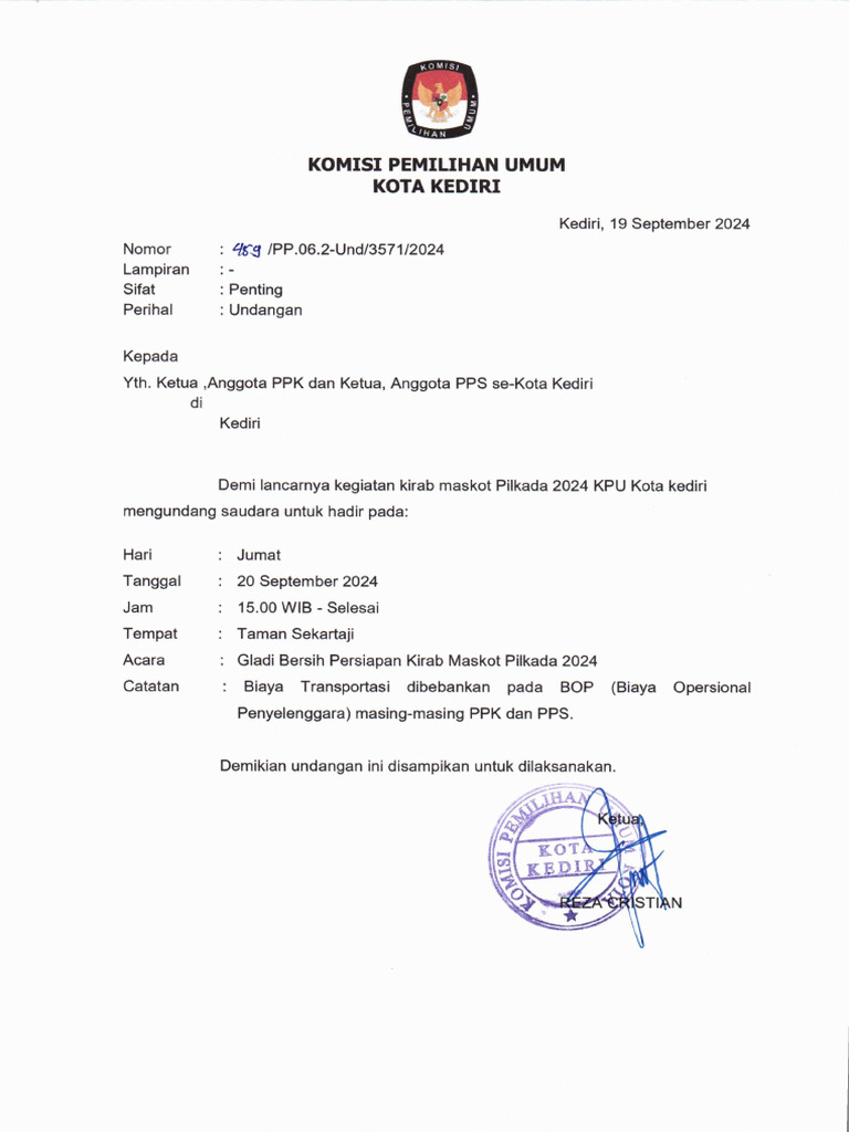 Surat Undangan 459 Gladi Bersih Kirab Maskot Pilkada 2024 | PDF