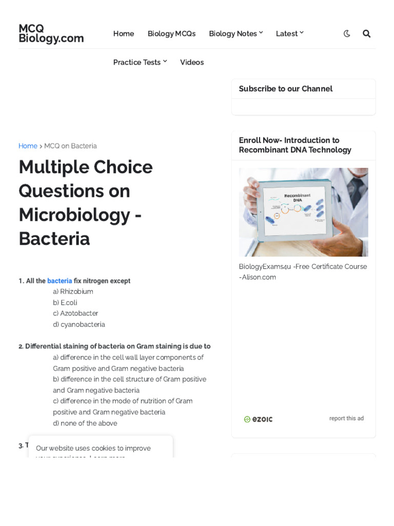Multiple Choice Questions On Microbiology - Bacteria | PDF