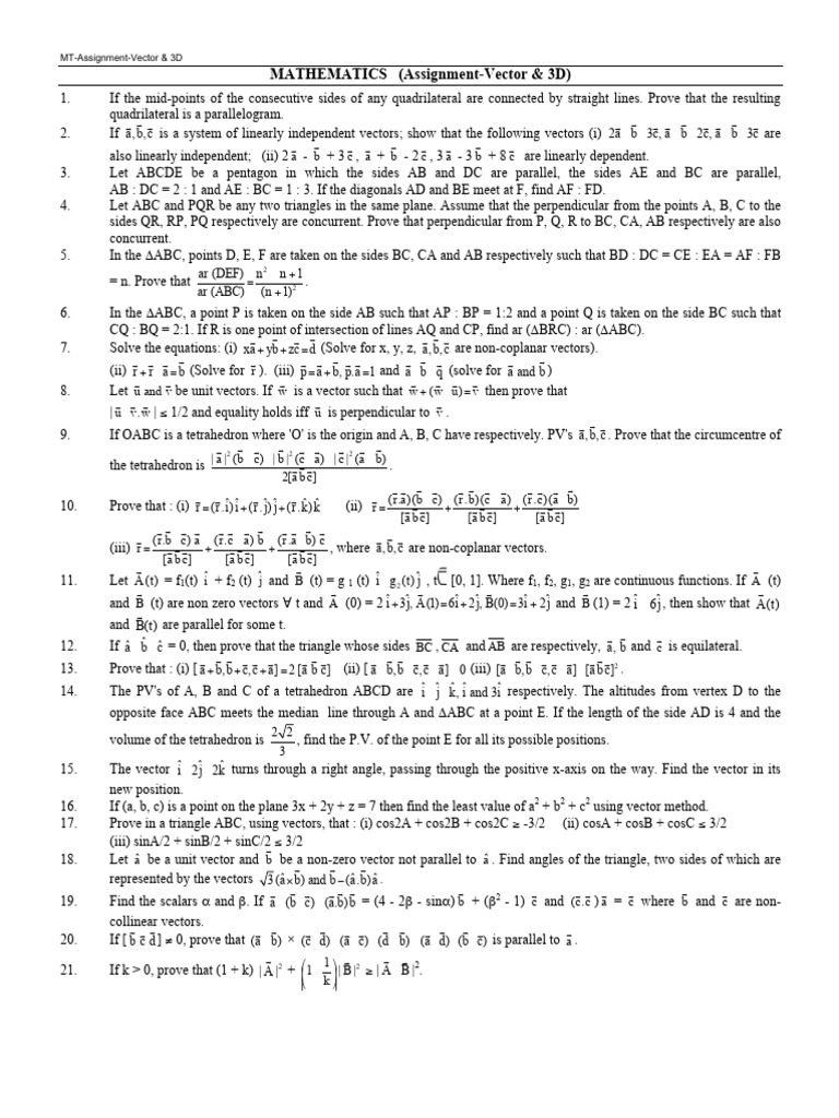 MATHEMATICS (Assignment-Vector & 3D) : Ar (DEF) N n1 Ar (ABC) (N 1) | PDF