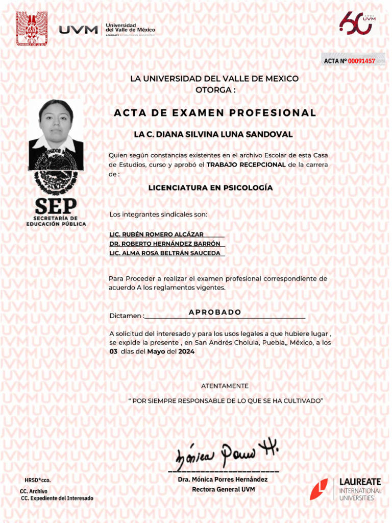 Acta de Examen Profesional - Diana Silvina Luna Sandoval | PDF