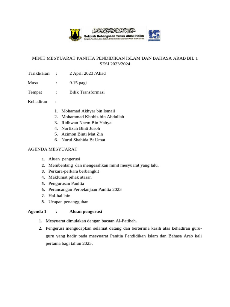 Minit Mesyuarat Panitia 2023 | PDF