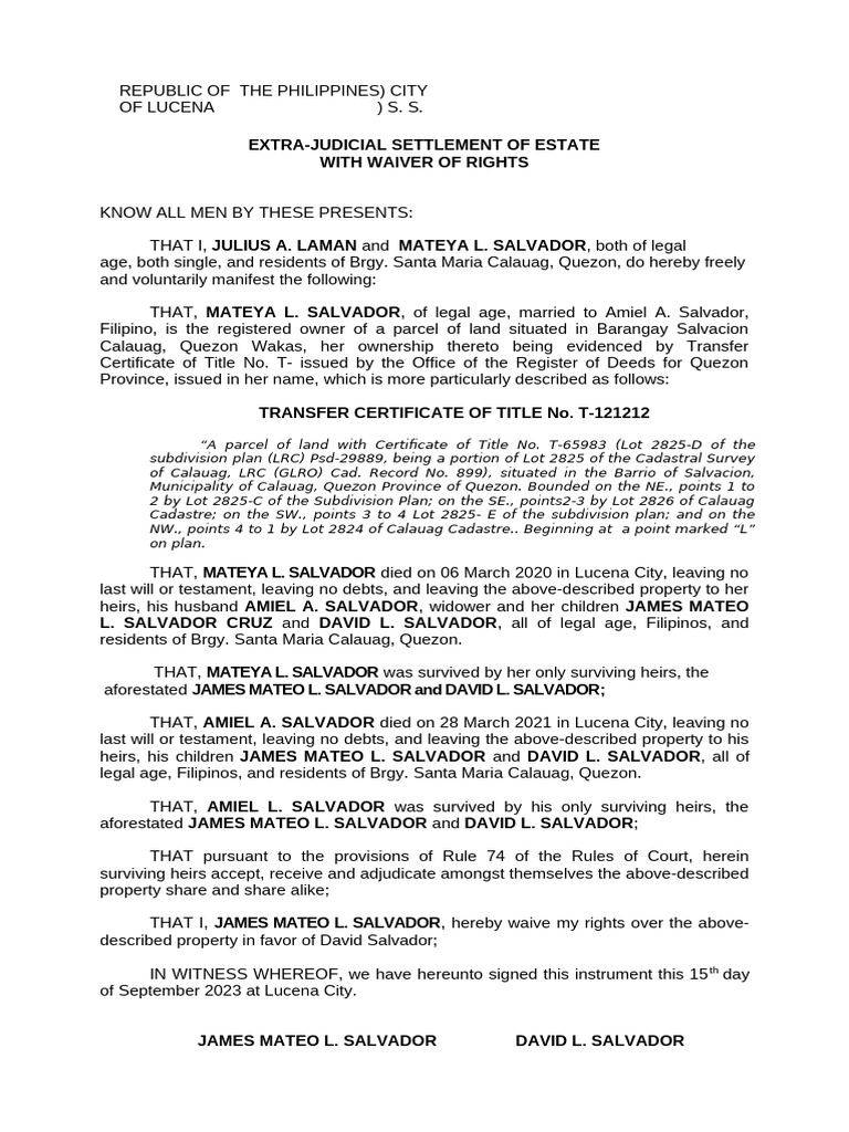 Laman - Extra Judicial Settlement With Waiver of Rights | PDF | Property Law | Justice