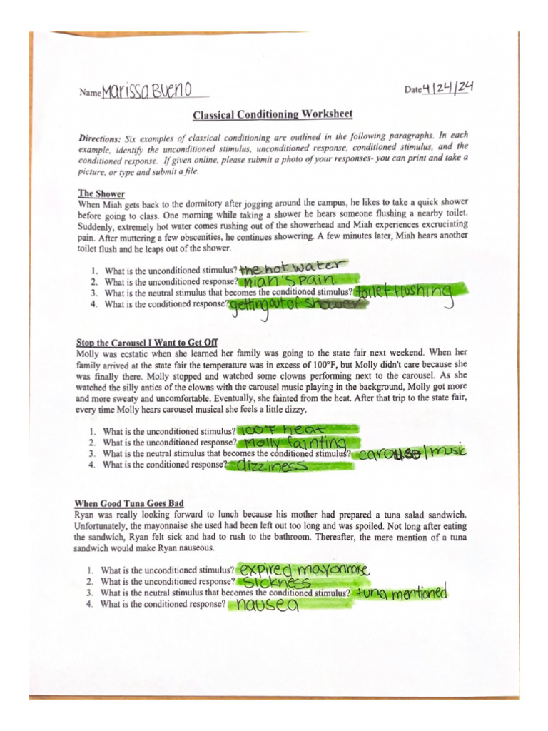 ' Classical Conditioning Worksheet | PDF