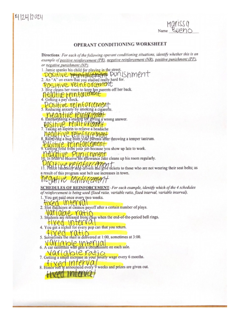 ' Operant Conditioning Worksheet | PDF