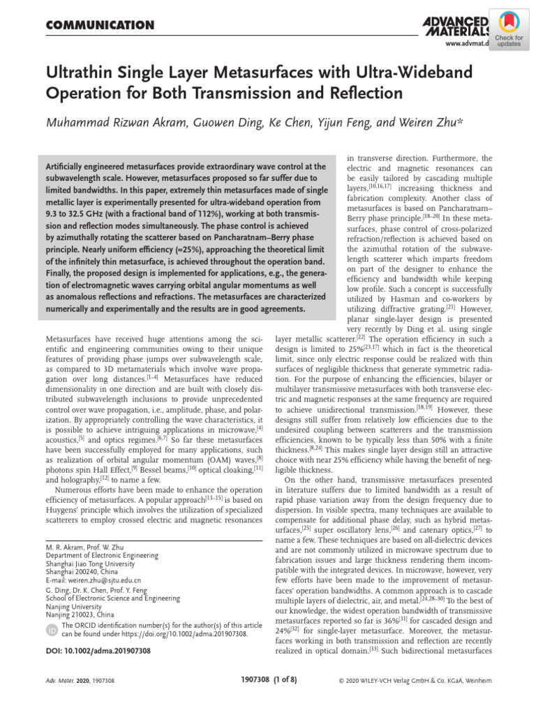 Ultrathin Single Layer Metasurfaces With Ultra-Wideband Operation For Both Transmission and ...