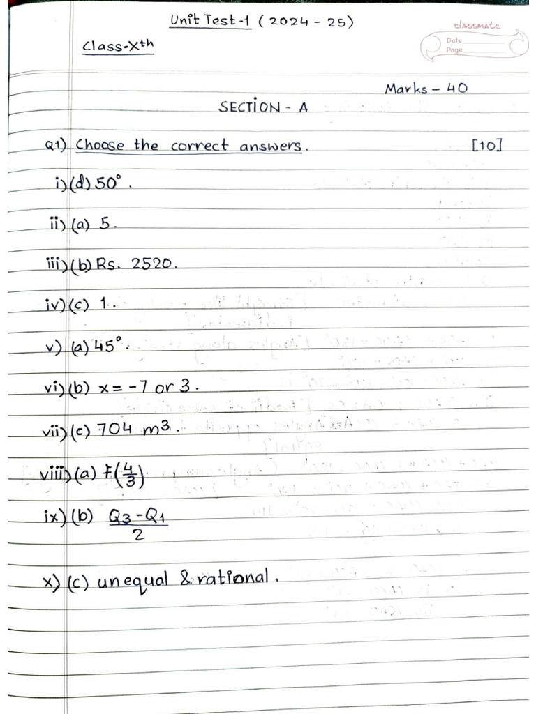 Ans Sheet ©lass-10 UT-1 Exam 24-25 | PDF