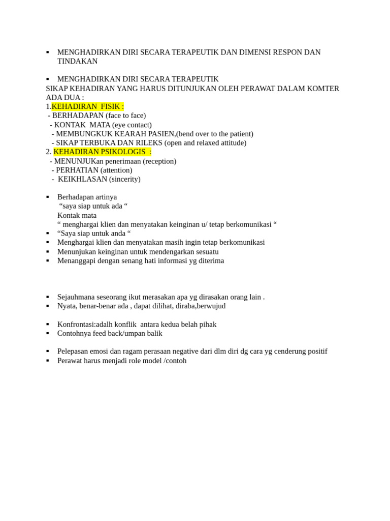 Menghadirkan Diri Secara Terapeutik Dan Dimensi Respon Dan Tindakan | PDF