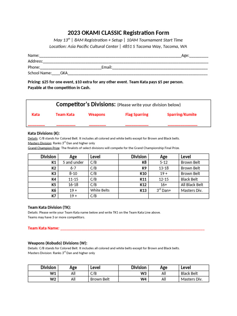 OKAMI CLASSIC Registration Form Version 1.3 2023 | PDF