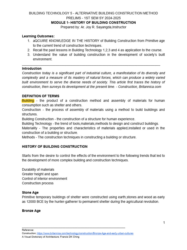 BT 04- PRELIM_MODULE 1 - BUILDING CONSTRUCTION(1) | PDF