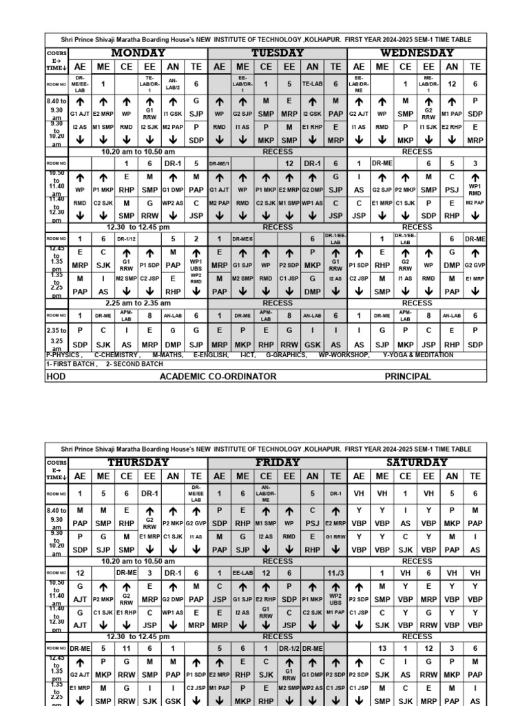 First Year 2024-2025 Time Table | PDF