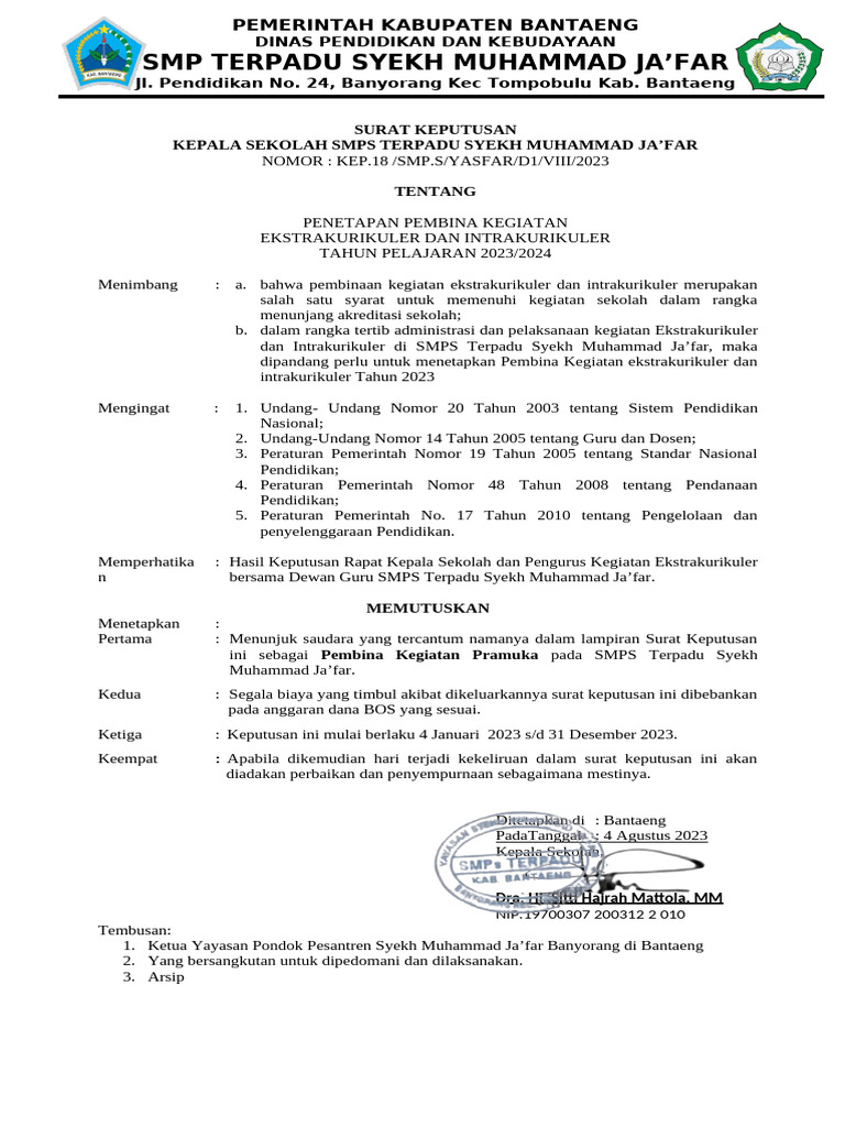 Contoh SK Kegiatan Ekstrakurikuler | PDF