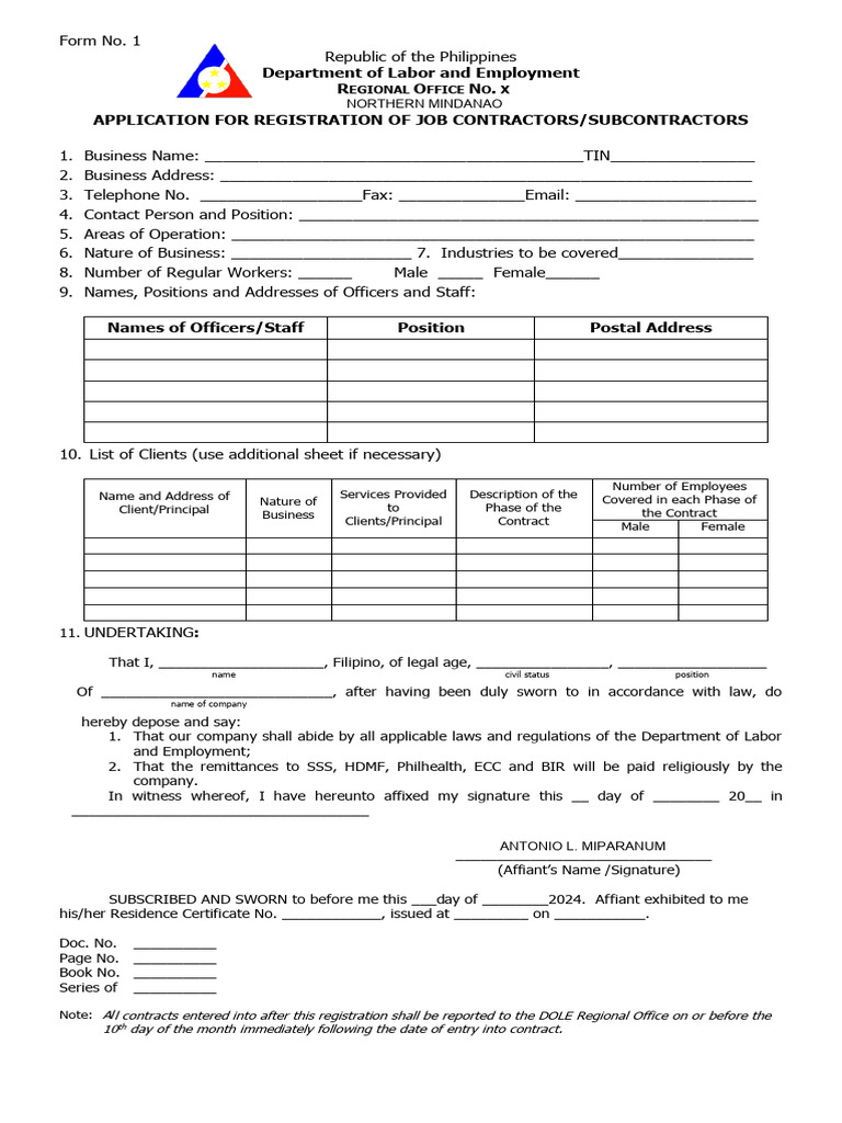 Department of Labor and Employment R O N - Application For Registration ...
