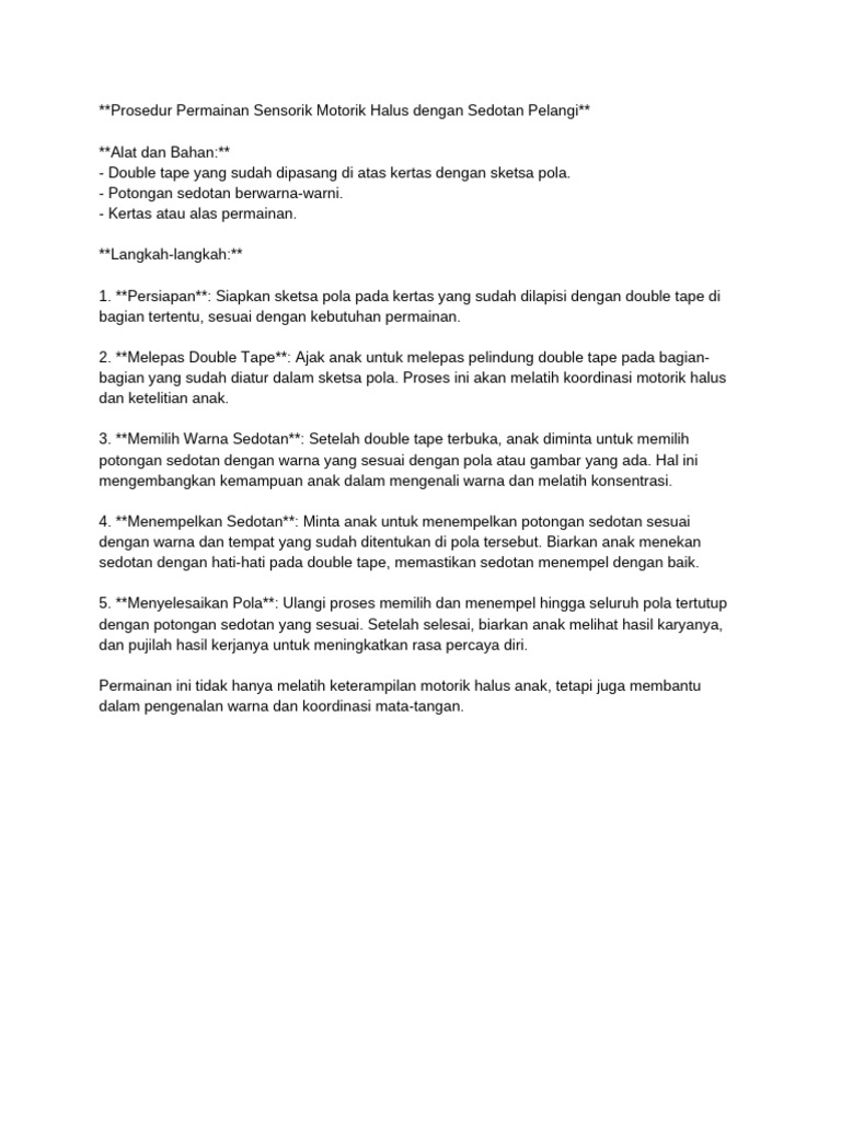 Prosedur Permainan Sensorik Motorik Halus Dengan Sedotan Pelangi | PDF