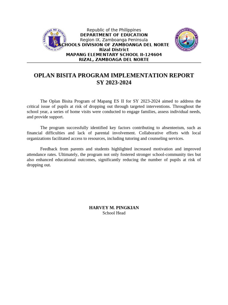 Oplan Bisita Program Implementation Report 2023-2024 | PDF | Career ...