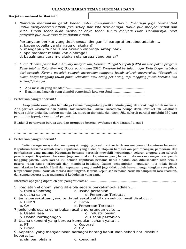 SOAL LATIHAN PENGETAHUAN TEMA 2 SUB 2 KELAS 5 | PDF