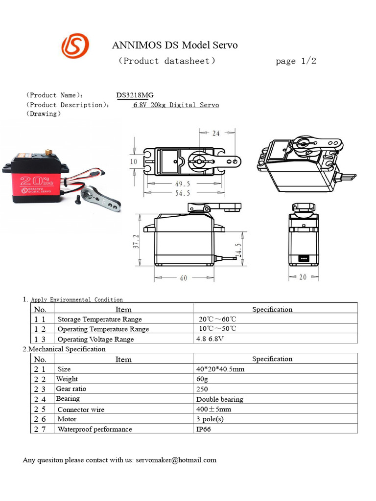 20 Kg Servo Data Sheet | PDF