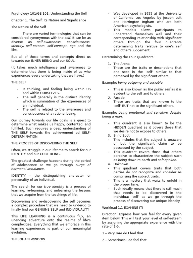 Psych. 101 - Understanding the Self - Chp. 1 | PDF