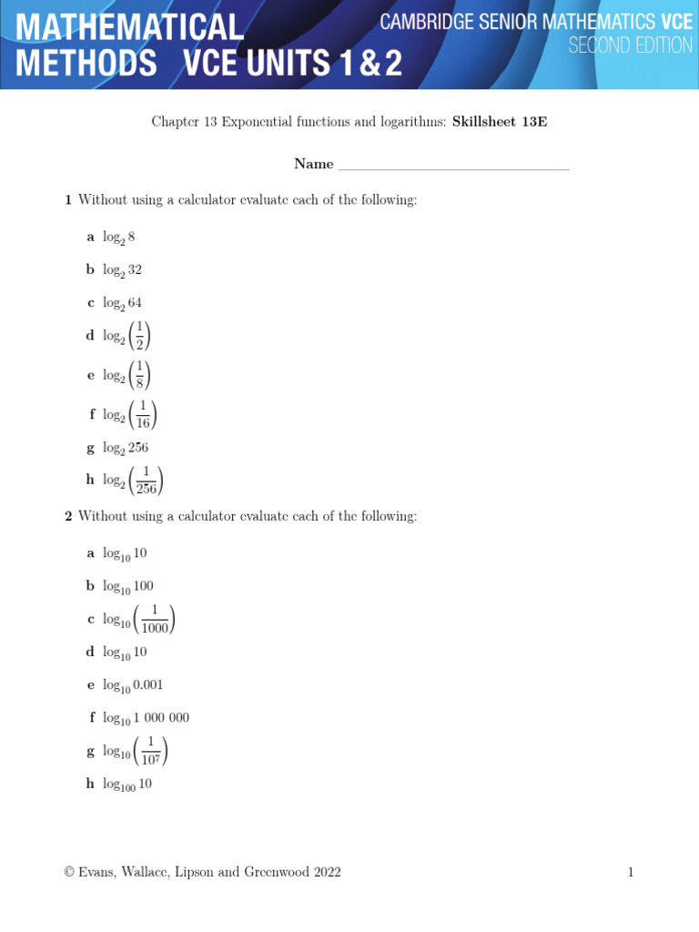 Math Methods VCE 13E Skillsheet | PDF | Mathematics | Science & Mathematics