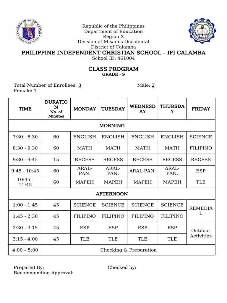 Class Program Grade 9 | PDF