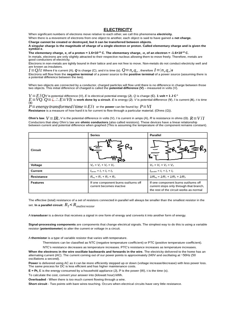 Electricity Cheat Sheet Physics | PDF