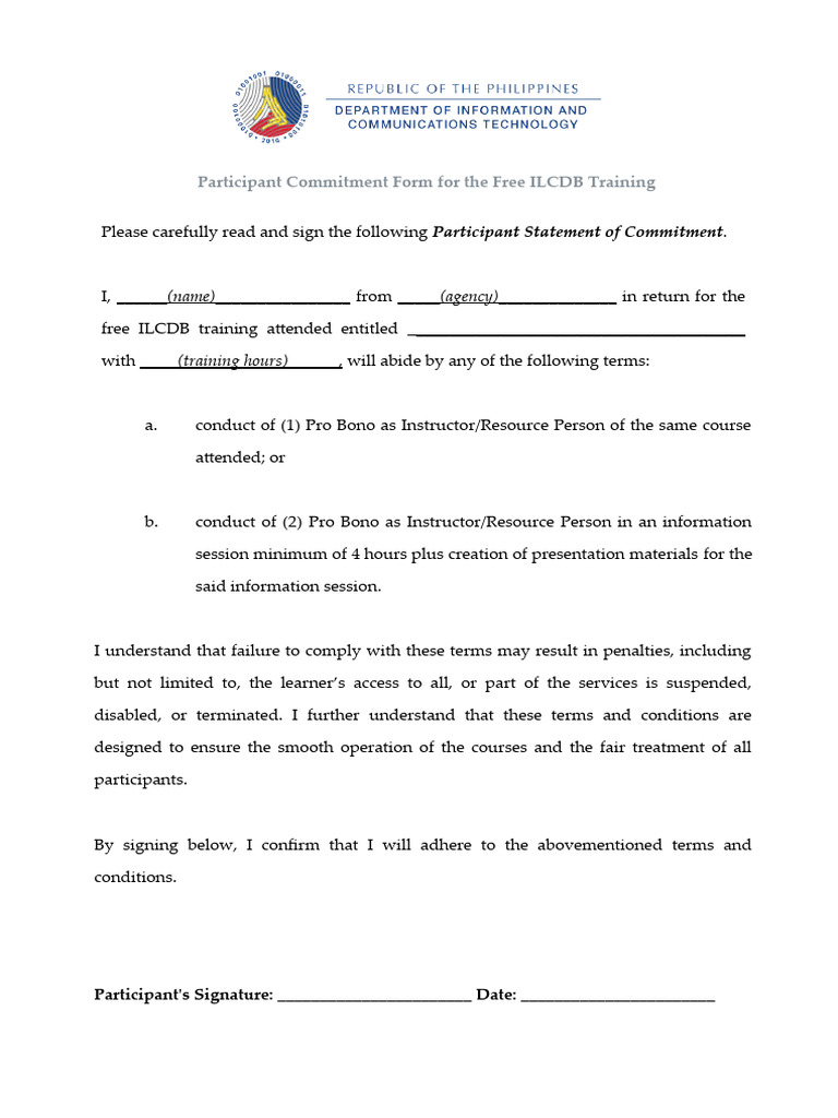 Participant Commitment Form For Free ILCDB Training For The TOT ...