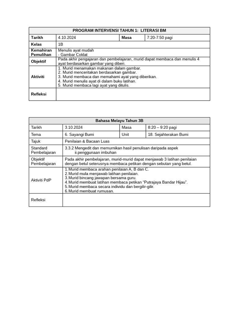 Program Intervensi Tahun 1: Literasi BM Tarikh Masa Kelas Kemahiran Pemulihan Objektif | PDF