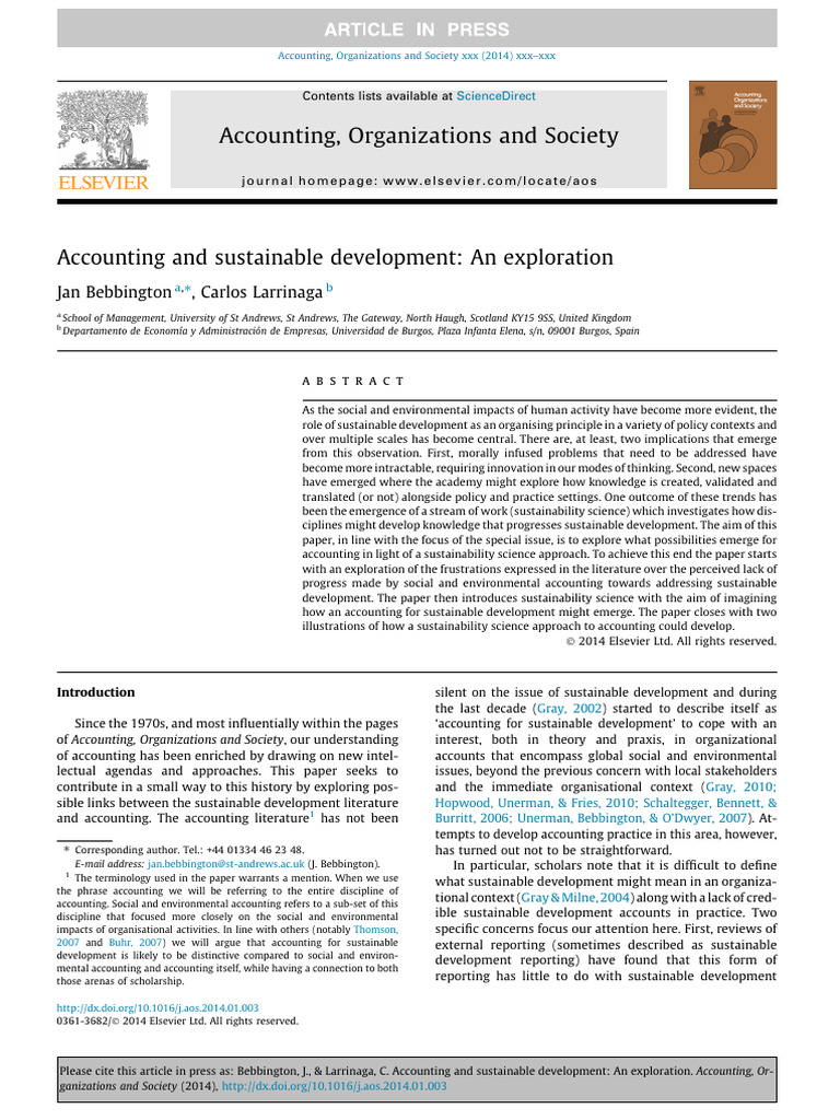 Bebbington y Larrinaga (2014) Accounting and Sustainable Development An ...