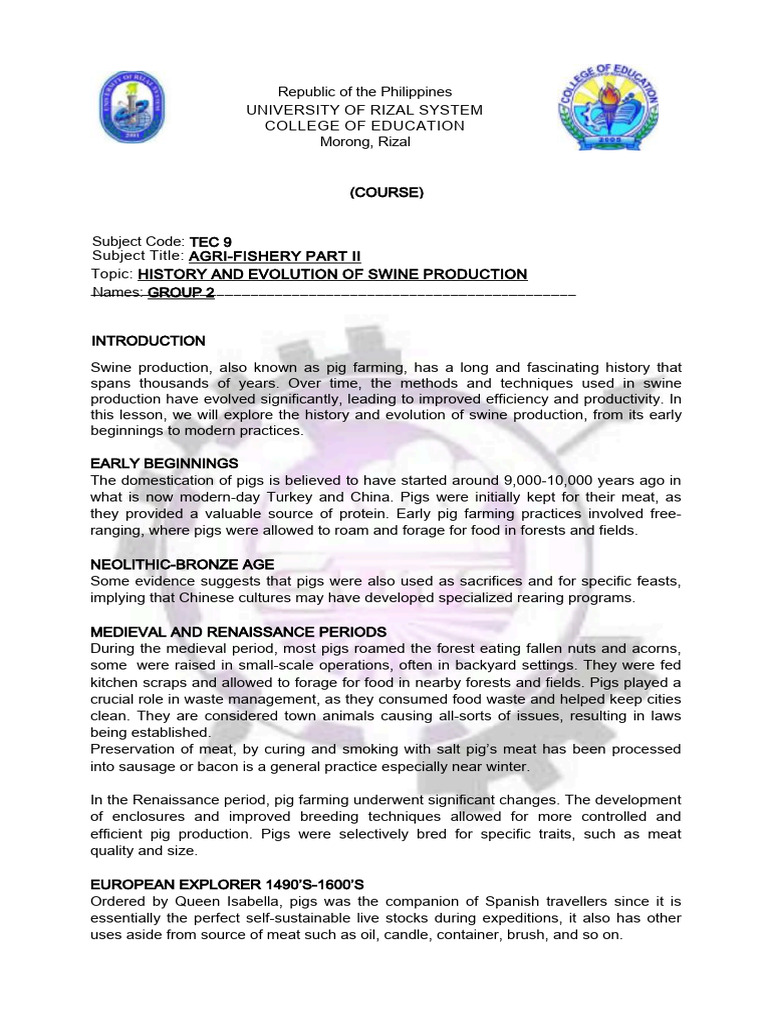 History and Evolution of Swine Production | PDF