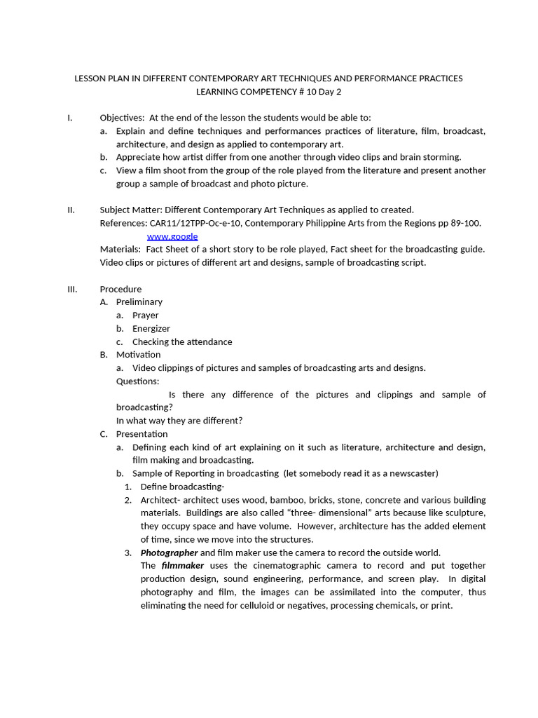 Contemporary Art Techniques Lesson Plan | PDF | The Arts
