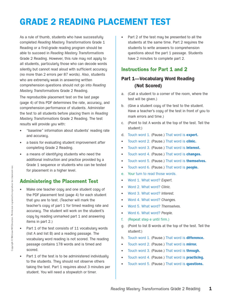 RMT Grade 2 Reading and Language Arts Placement Test | PDF