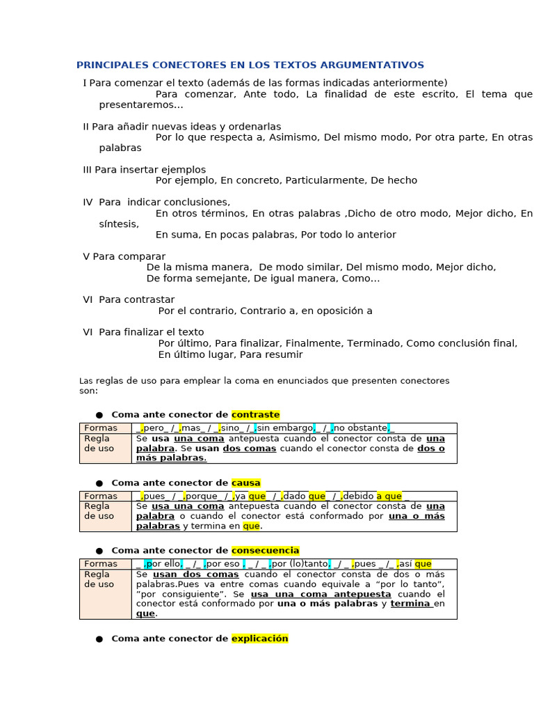 PRINCIPALES CONECTORES EN LOS TEXTOS ARGUMENTATIVOS para Estudiantes | PDF