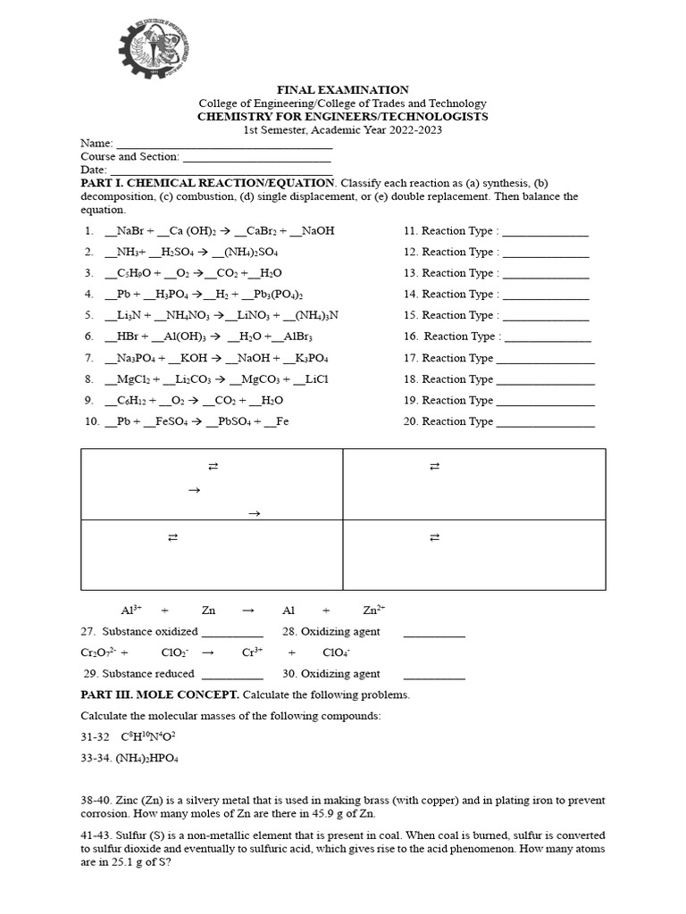 Chemistry Final-Examination 23 24 | PDF