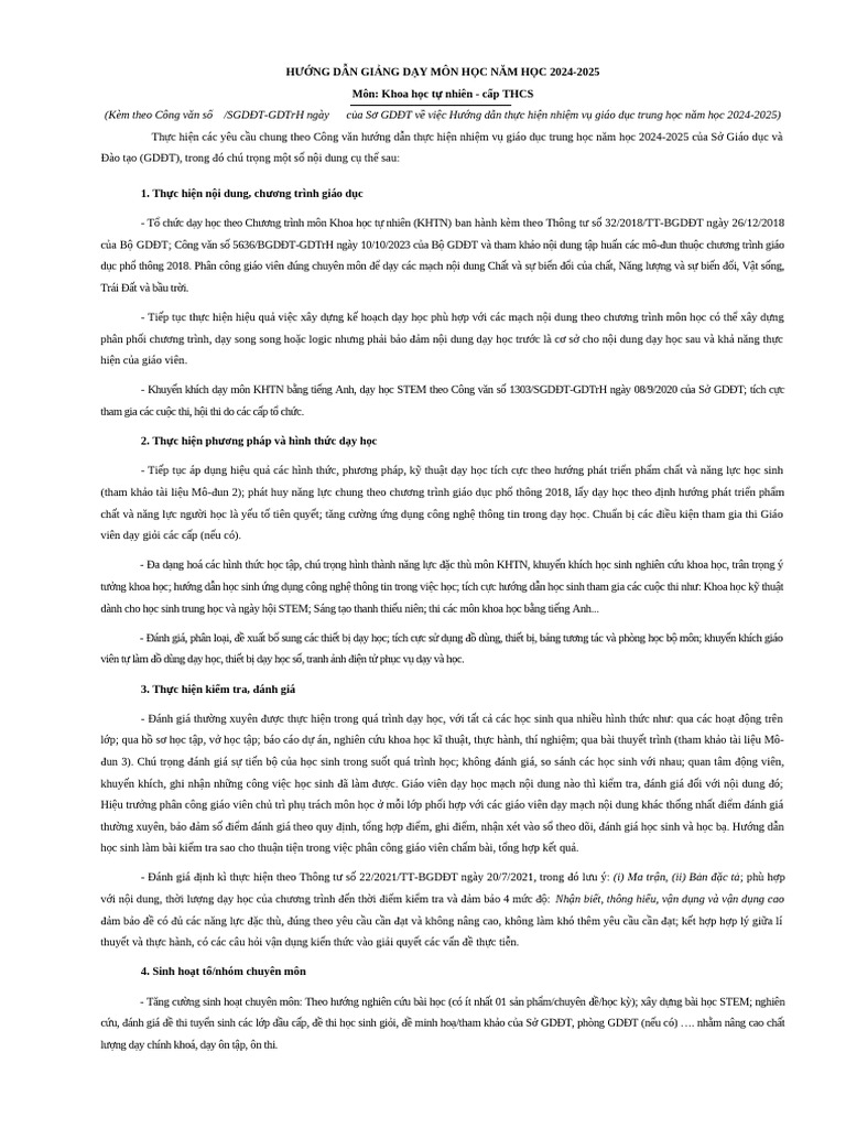 HDGD Khoa Học Tự Nhiên 2024-2025 | PDF