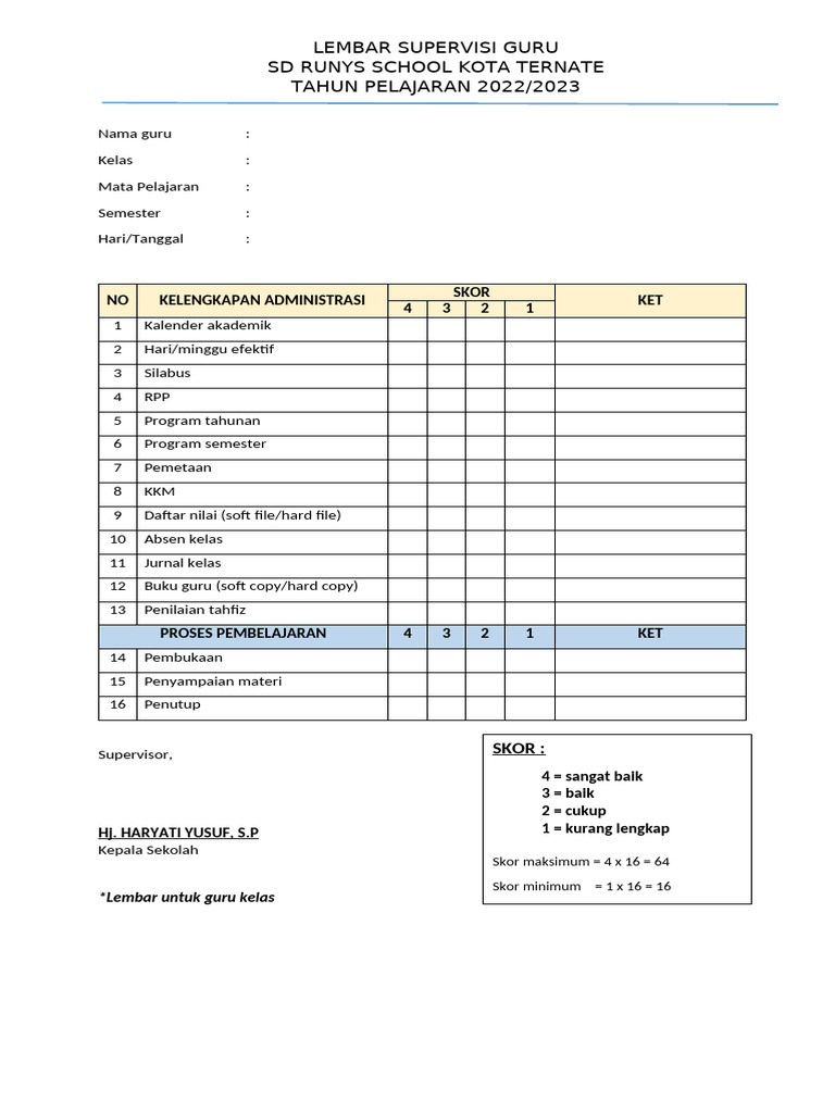 Lembar Supervisi Guru | PDF