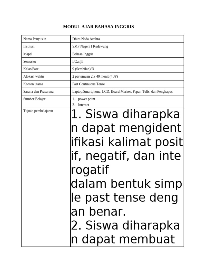 Modul Ajar Past Tense Dhira Nada Azahra | PDF