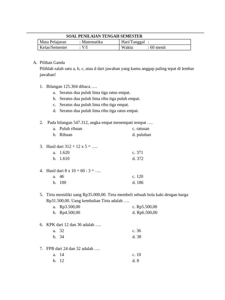 Soal Sumatif 1 Kelas 5 Matematika | PDF