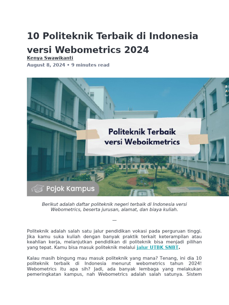 10 Politeknik Terbaik Di Indonesia Versi Webometrics 2024 | PDF