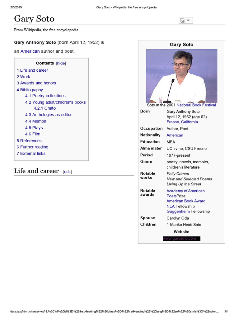 Gary Soto - Wikipedia, The Free Encyclopedia | PDF