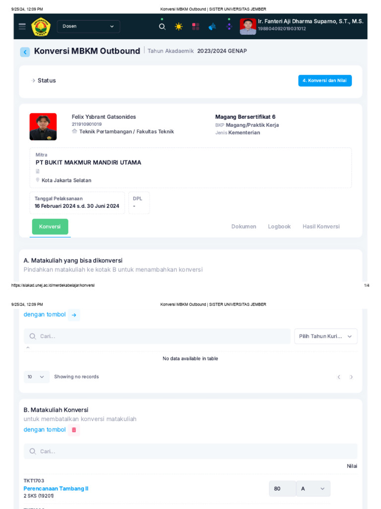 Konversi MBKM Outbound - SISTER UNIVERSITAS JEMBER - Felix | PDF