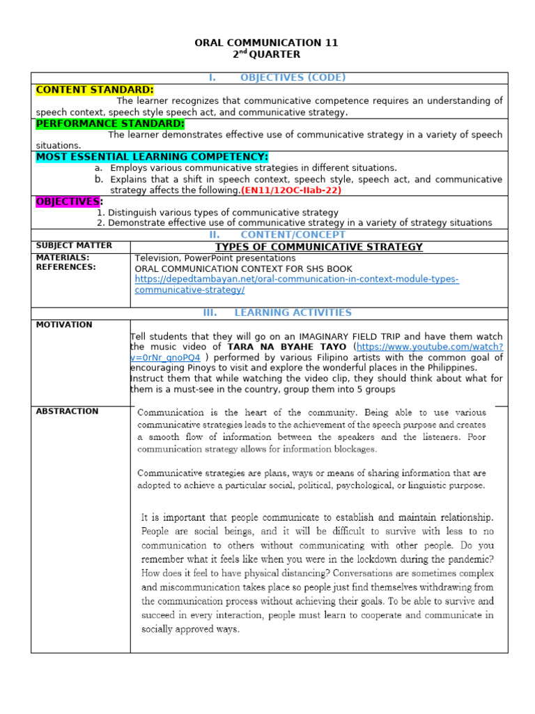 COMMUNICATIVE STRATEGY 2ND Q lesson plan | PDF