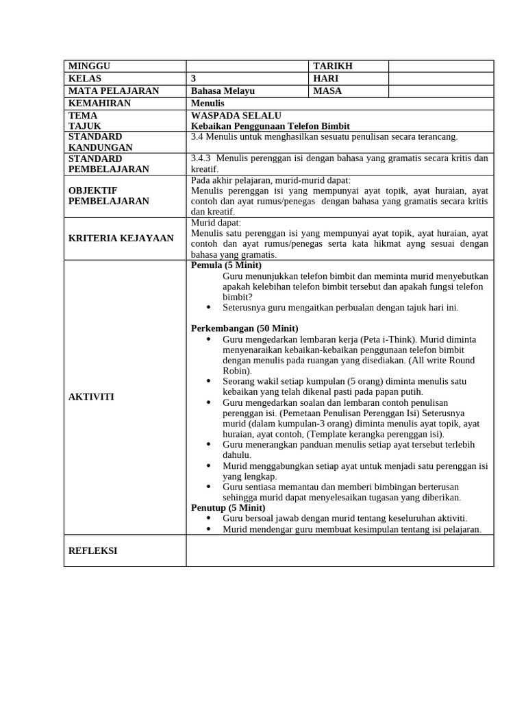 RPH Bahasa Melayu Tingkatan 3 Tema Waspada Selalu | PDF