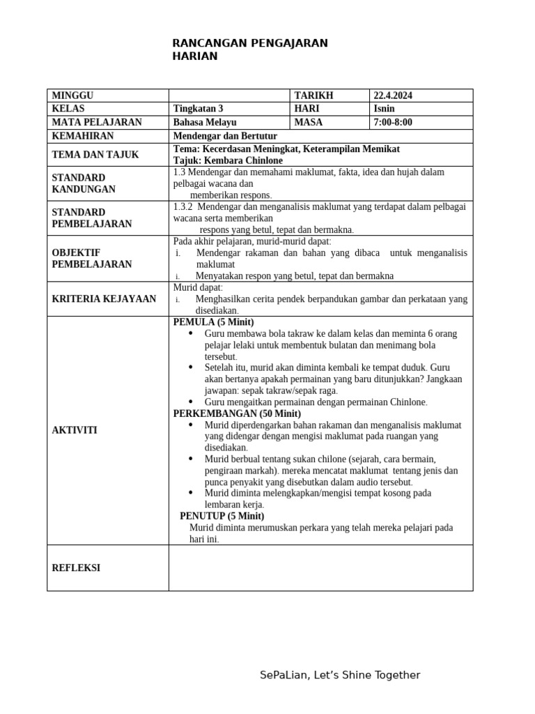 RPH Bahasa Melayu Tingkatan 3 Kembara Chinlone | PDF
