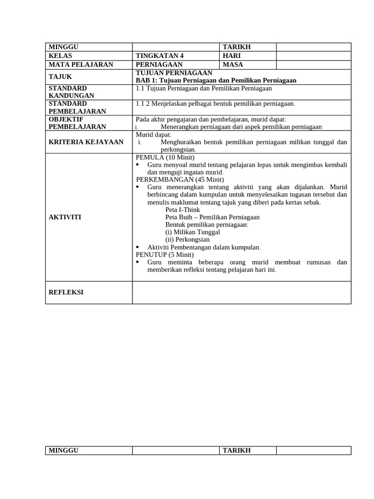 RPH Perniagaan Tingkatan 4 Bab 1 | PDF