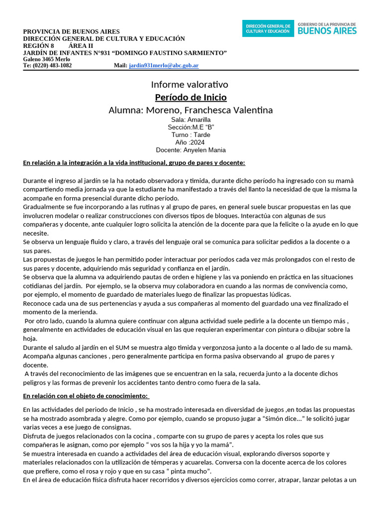 Informe Valorativo Periodo de Inicio Limpio 24 | PDF