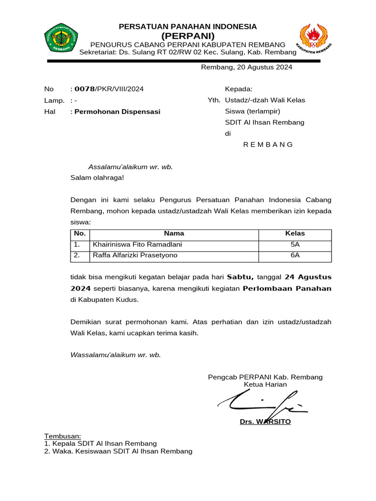 Surat Izin Dispensasi | PDF