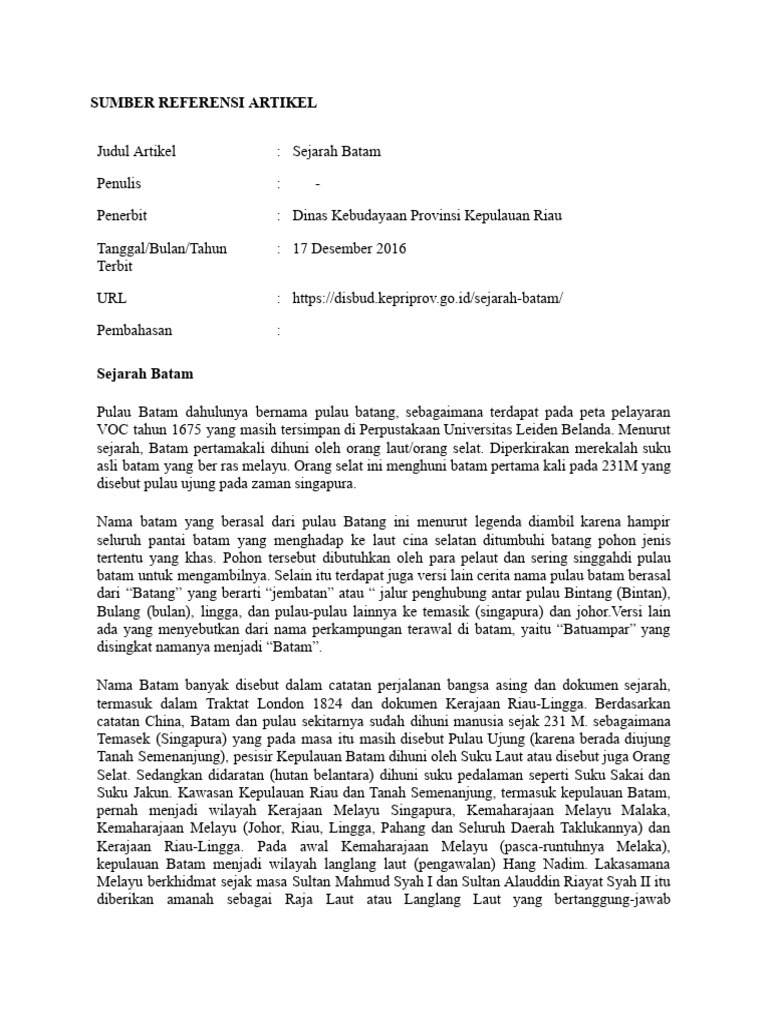 Asal Mula Pulau Batam - Cerita Rakyat | PDF