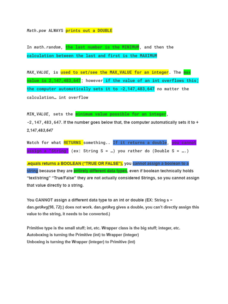 AP CSA Class Unit 2 Quick Notes | PDF | Teaching Methods & Materials