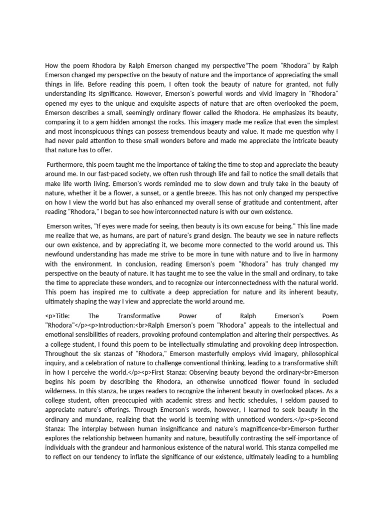 How The Poem Rhodora by Ralph Emerson Changed My Perspective | PDF