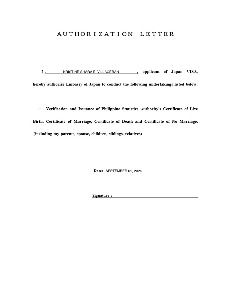 Authorization Letter To Japan Embassy To Verify Psa Docs | PDF